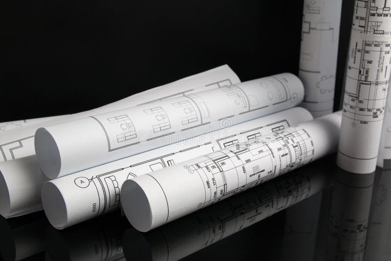 Roll of Paper Architectural Drawings and Blueprint Stock Image - Image ...