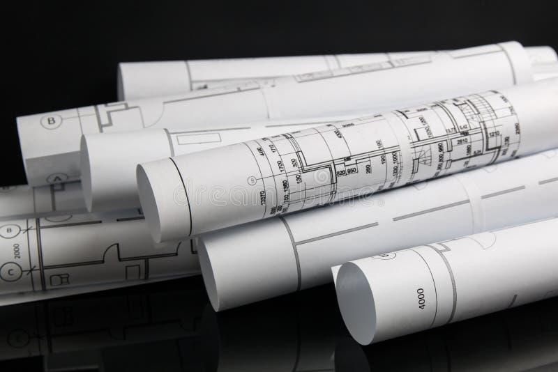Roll of Paper Architectural Drawings and Blueprint Stock Image - Image ...
