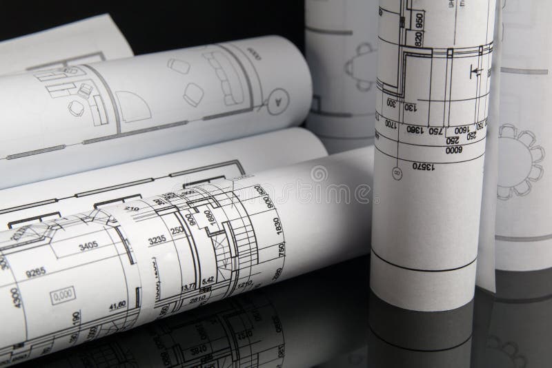 Roll of Paper Architectural Drawings and Blueprint. Stock Photo - Image ...