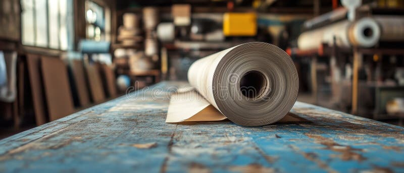 A Roll of Paper Rests on a Weathered Table in a Spacious Workshop ...