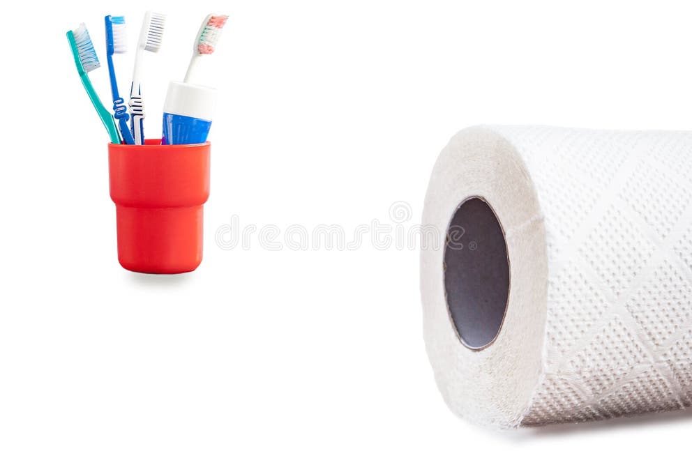 Roll of Paper Towels and Toothbrushes in a Container Isolated on White ...