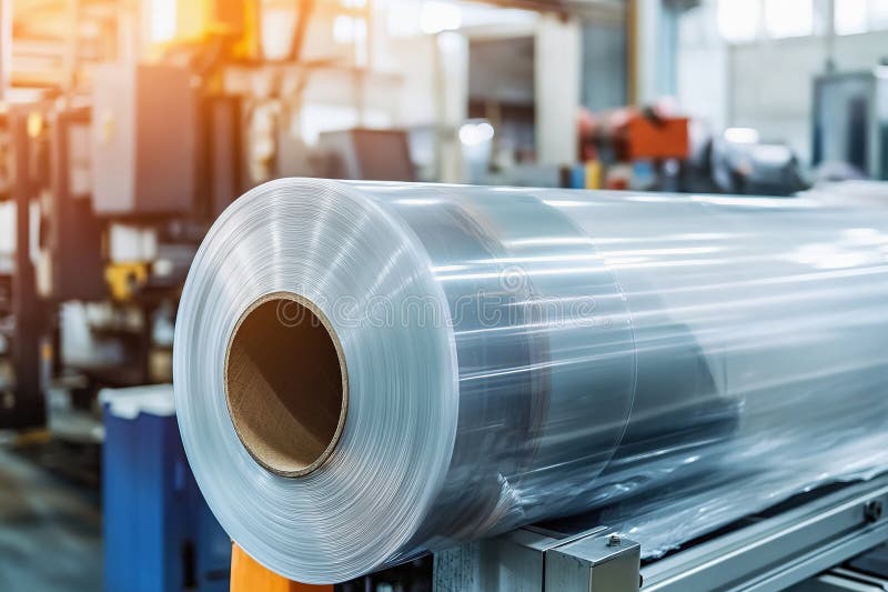Roll of Plastic Film is Undergoing Processing on Industrial Machinery ...