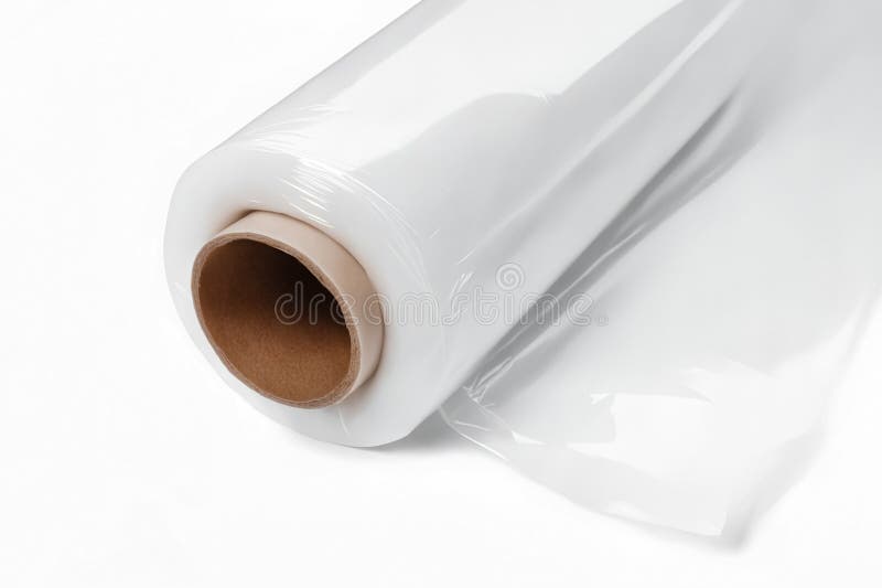 Roll of Plastic Stretch Wrap Film Isolated on White, Closeup Stock ...