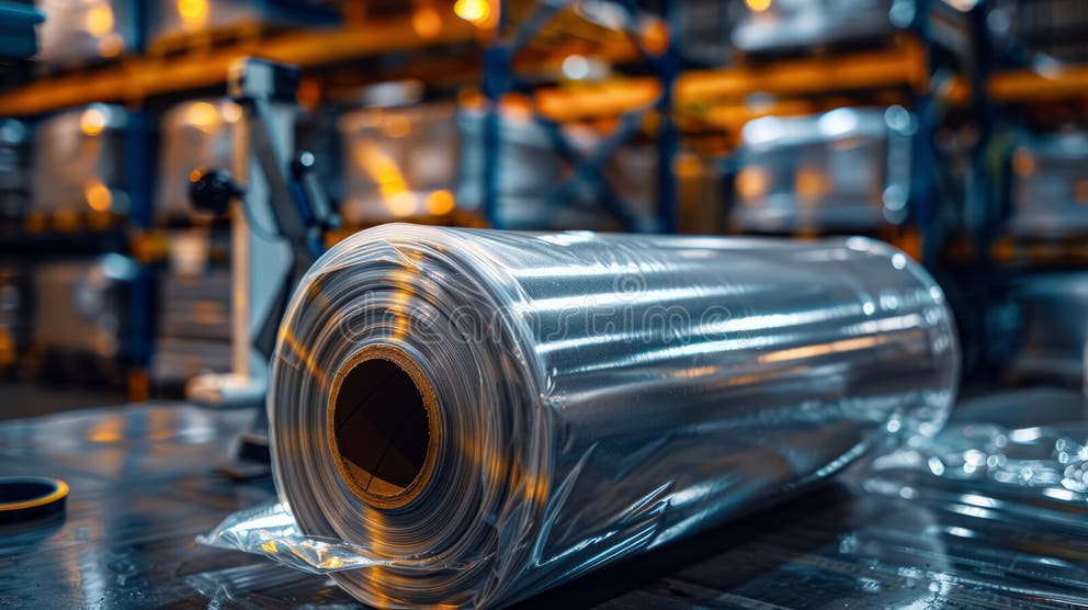 Roll of Plastic Wrap in an Industrial Warehouse Setting. Stock Photo ...