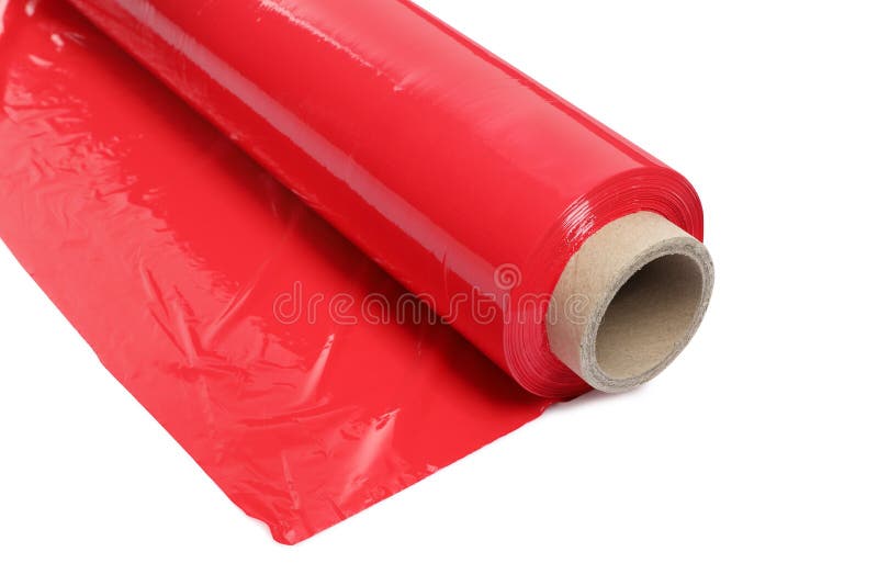 Roll of Red Plastic Stretch Wrap Film Isolated on White, Closeup Stock ...