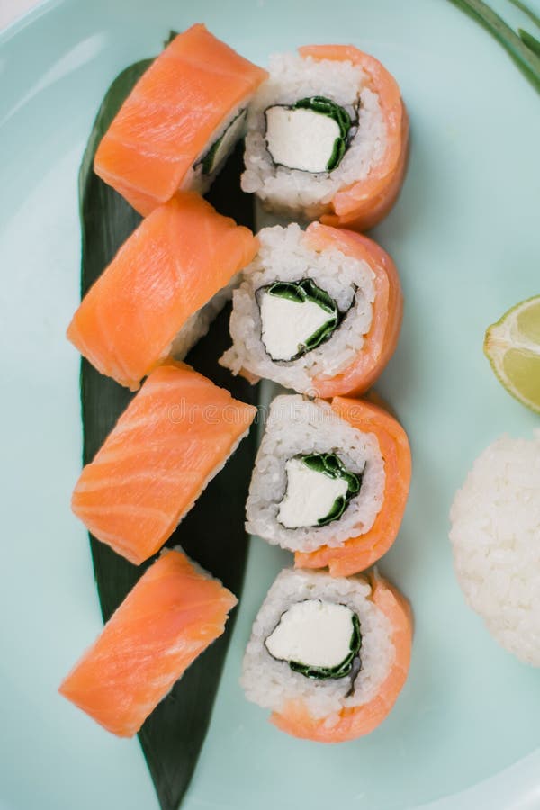 Roll with Salmon and White Rice and Cream Cheese Stock Photo - Image of ...