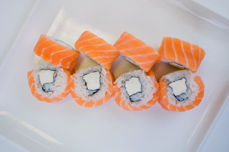 Roll with Salmon and White Rice and Cream Cheese Stock Photo - Image of ...