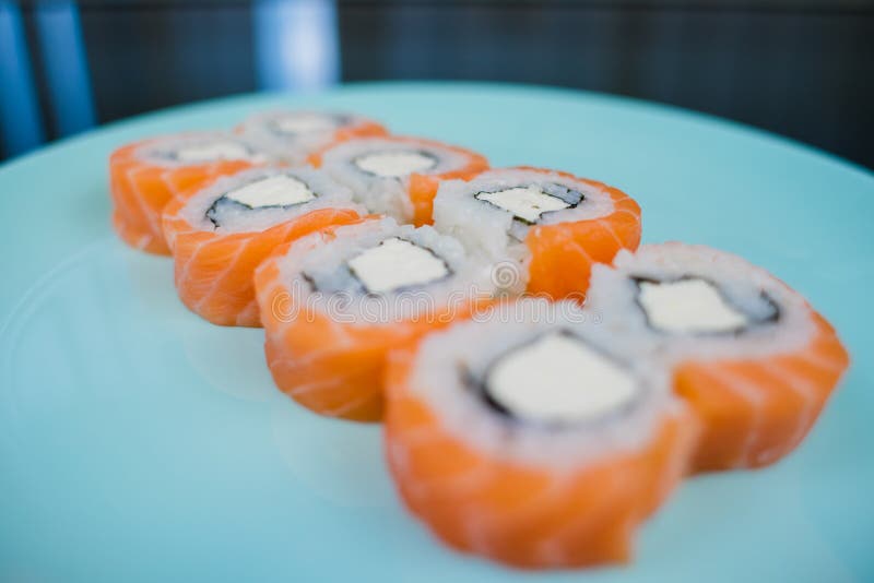 Roll with Salmon and White Rice and Cream Cheese Stock Photo - Image of ...