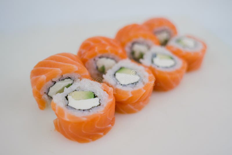 Roll with Salmon and White Rice and Cream Cheese Stock Photo - Image of ...