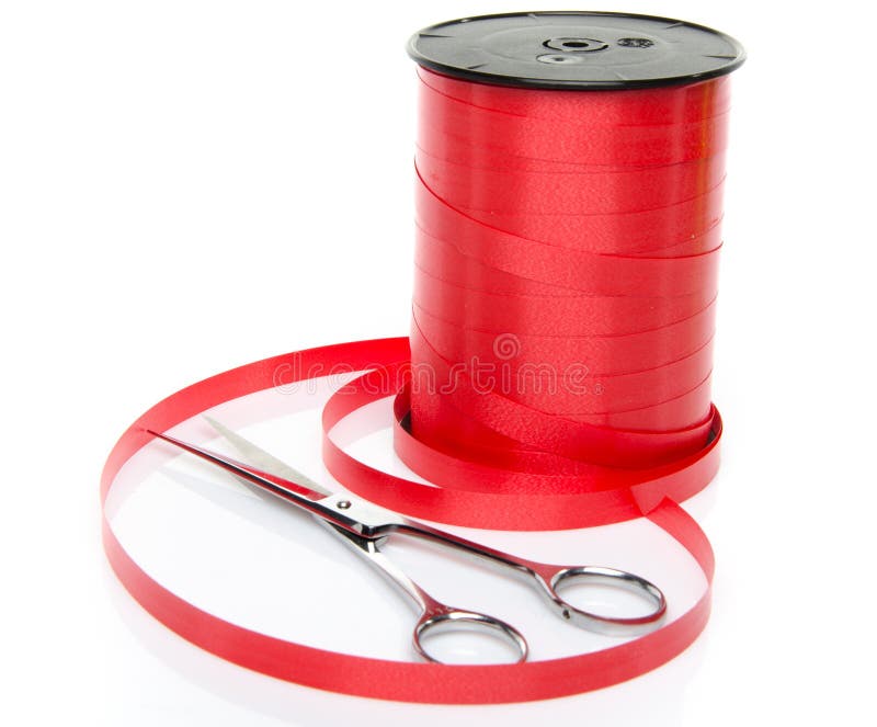 Roll of Shiny Red Ribbon Gift with Scissors Stock Photo - Image of ...