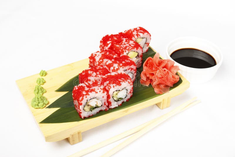 Roll with Shrimp, Cucumber, Flying Fish Roe Stock Image - Image of ...