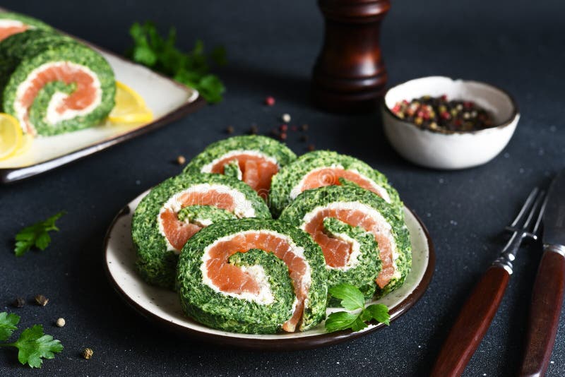 Roll with Spinach and Salmon. Snack with Red Fish and Cheese and Lemon ...