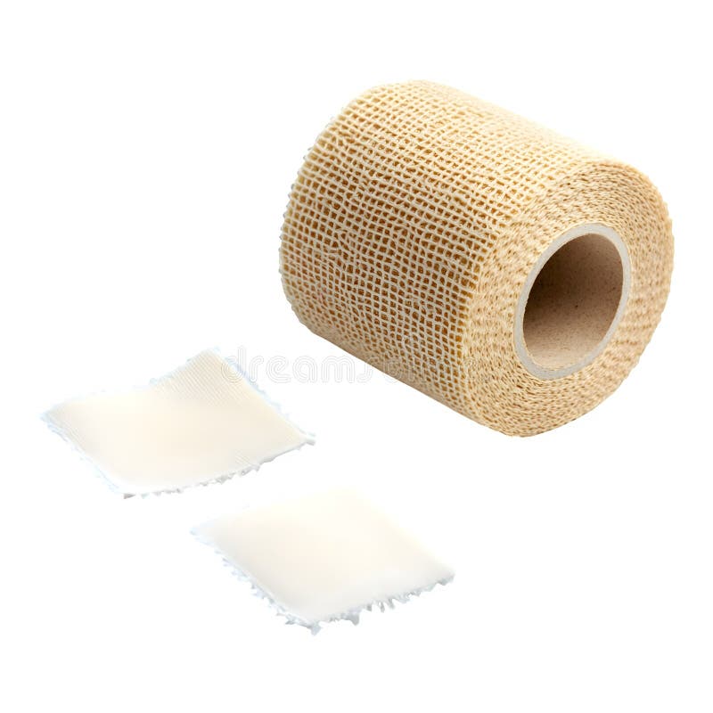 Roll of Tan Mesh Bandage with Two Small White Pads on a White Surface ...