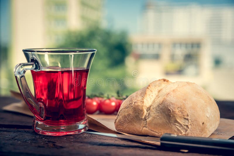 Roll, tea and romatoes stock image. Image of golden, patty - 92710715