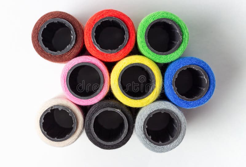 Roll Thread of Various Types on White Background, Top View Stock Image ...