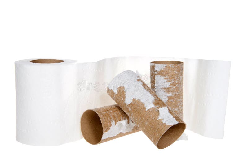 Roll of Toilet Paper with Empty Rolls Stacked in Front Stock Photo ...