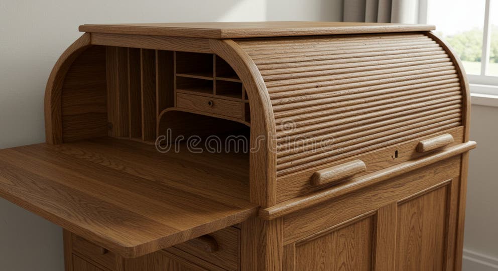 Roll-top Desk Made of Oak Wood, Featuring a Rounded Tambour Closure ...