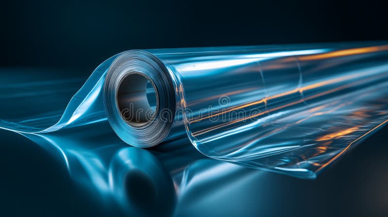 Roll of Transparent Plastic Wrap on a Reflective Surface. Stock Image ...