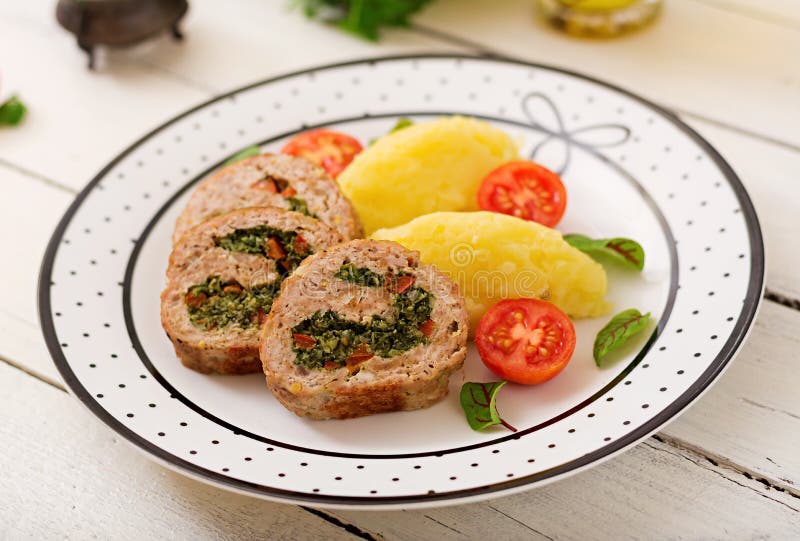 Roll of Turkey Minced Meat with Spinach and Red Sweet Pepper Stock ...