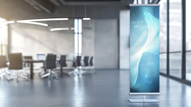 Roll-up Banner Display with Abstract Blue Design in Modern Office Stock ...