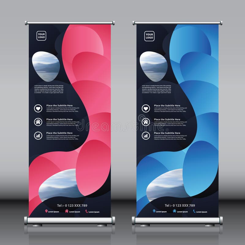Modern Roll Up Vertical Banner Design Template Set. Blue and Pink Color ...