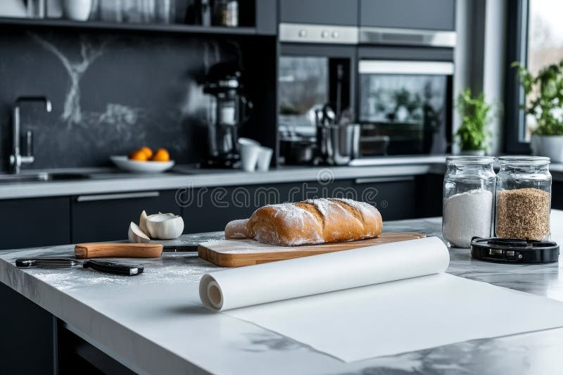Roll of White Baking Paper and Bread on the Table in Modern Kitchen ...