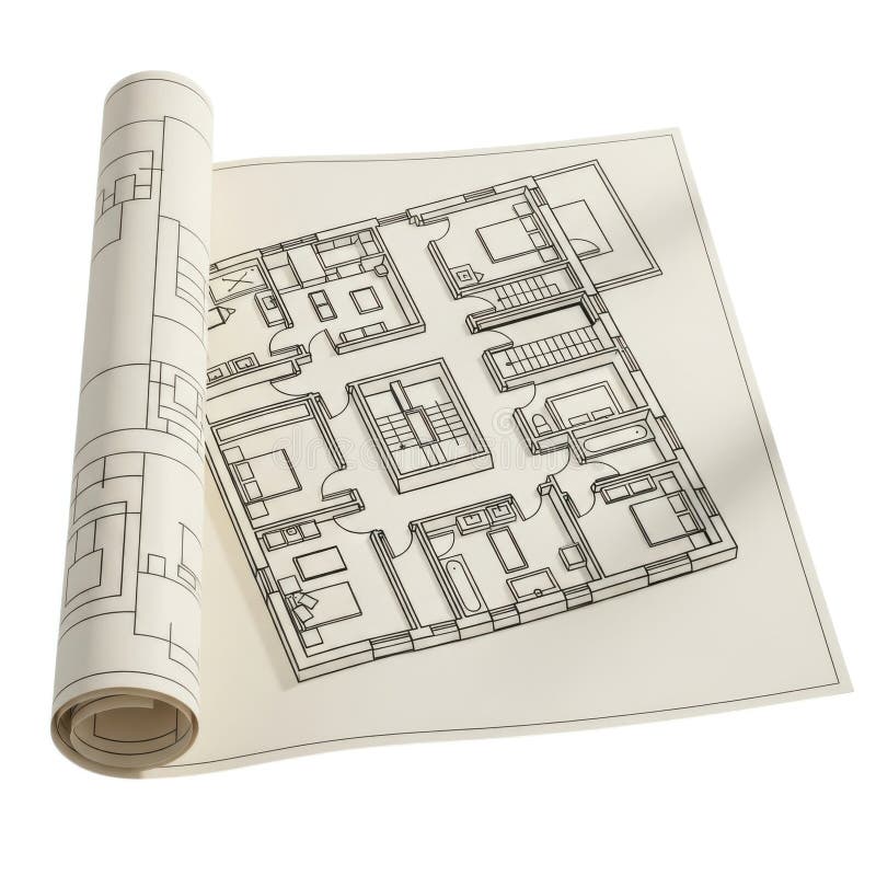 Rolled Architectural Blueprint Displaying Detailed Floor Plan Drawings ...