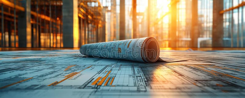 Rolled Architectural Blueprint on Sunlit Construction Site Floor Stock ...