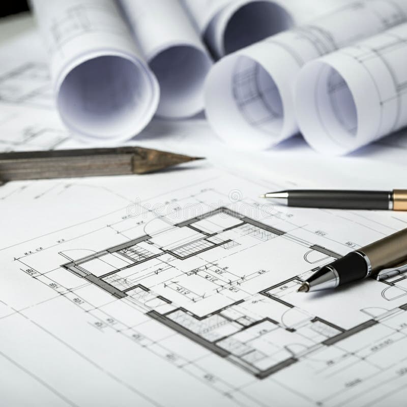 Architectural Blueprints and Drawing Tools on Wooden Workshop Table in ...