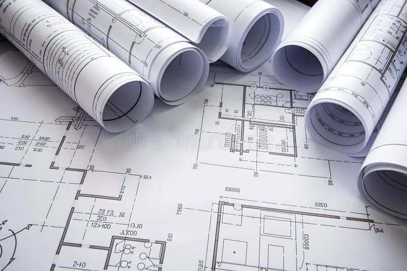 Rolled Architectural Blueprints with Detailed Floor Plans Stock ...