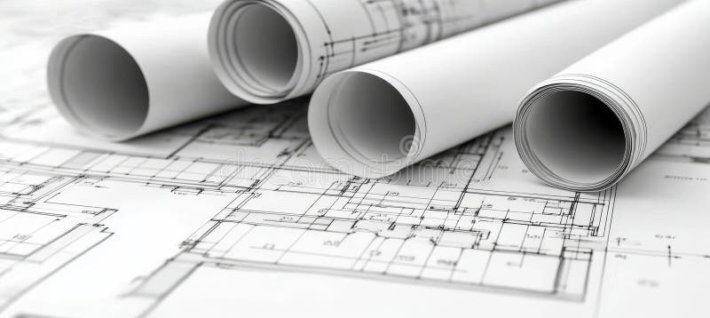 Rolled Architectural Blueprints Detailing a Technical Drawing ...