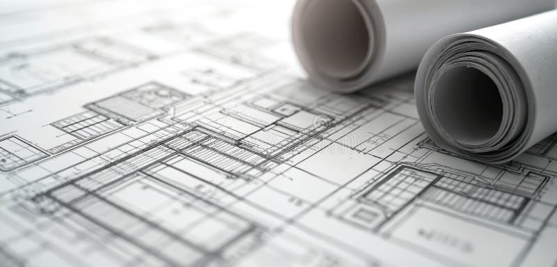 Rolled Architectural Blueprints, House Plans Lying on Table ...