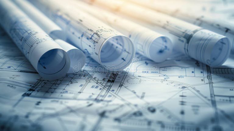 Rolled Architectural Blueprints on Table.AI Generated Image Stock Image - Image of innovation ...
