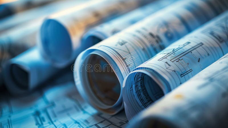 Rolled Architectural Blueprints on Table.AI Generated Image Stock Photo ...