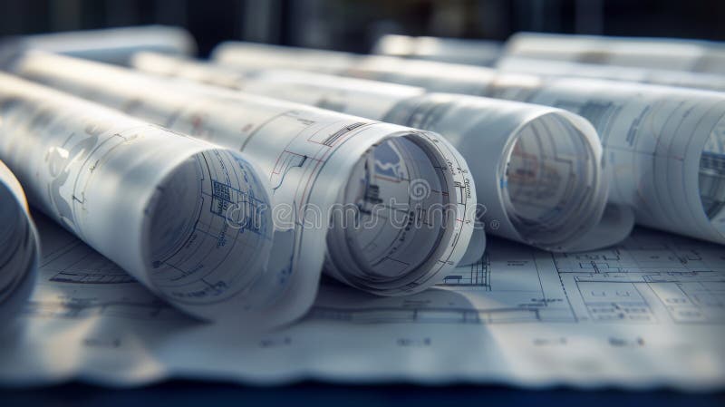 Rolled Architectural Blueprints on Table.AI Generated Image Stock Photo ...