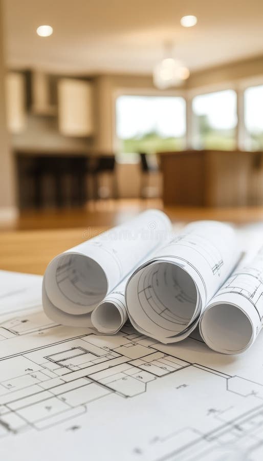 Rolled Architectural Blueprints on Table in Background of Newly ...