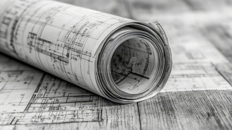 Rolled Architectural Blueprints on Table a Detailed Design Plan in ...