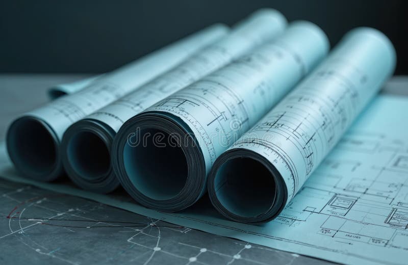 Rolled Architectural Blueprints on Table. Engineering Drawings ...