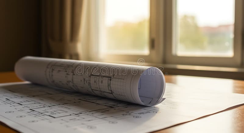 Architectural Blueprints and Drawing Tools on Wooden Workshop Table in ...