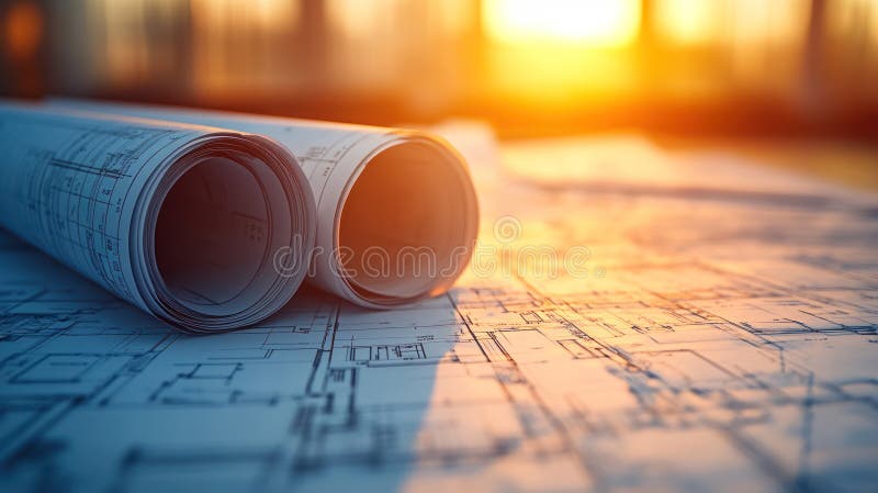 Rolled Architectural Blueprints on Table Illuminated by Warm Sunlight ... Rolled Architectural Blueprints on Table Illuminated by Warm Sunlight ...