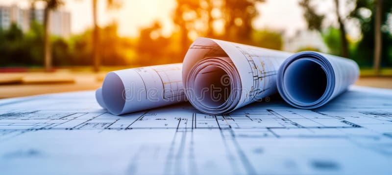 Rolled Architectural Blueprints on a Table with Sunlight City ...