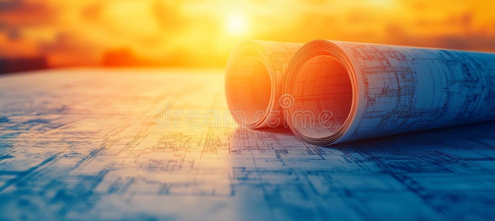 Rolled Architectural Blueprints on Table with Sunset Background ...