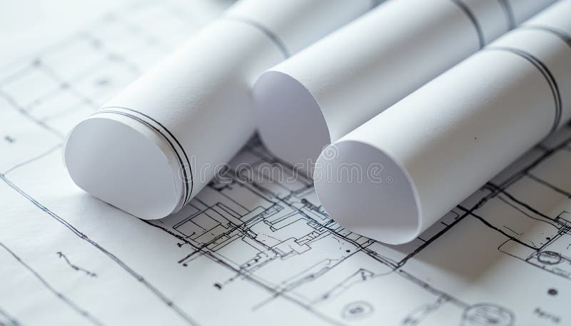 Rolled Architectural Blueprints on Technical Drawing High Angle View ...