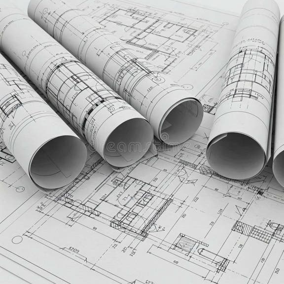 Rolled Architectural Blueprints on Technical Drawing Layout Stock ...