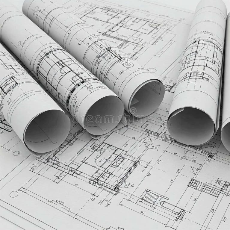 Rolled Architectural Blueprints on Technical Drawing Layout Stock ...