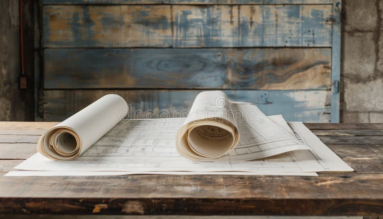 Rolled Architectural Drawings on Wooden Table Stock Photo - Image of ...