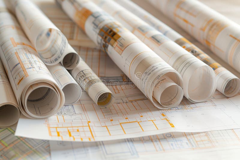 Rolled Architecture Blueprints on Desk Stock Image - Image of plans ...