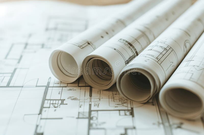 Rolled Architecture Blueprints on a Table Stock Photo - Image of ...