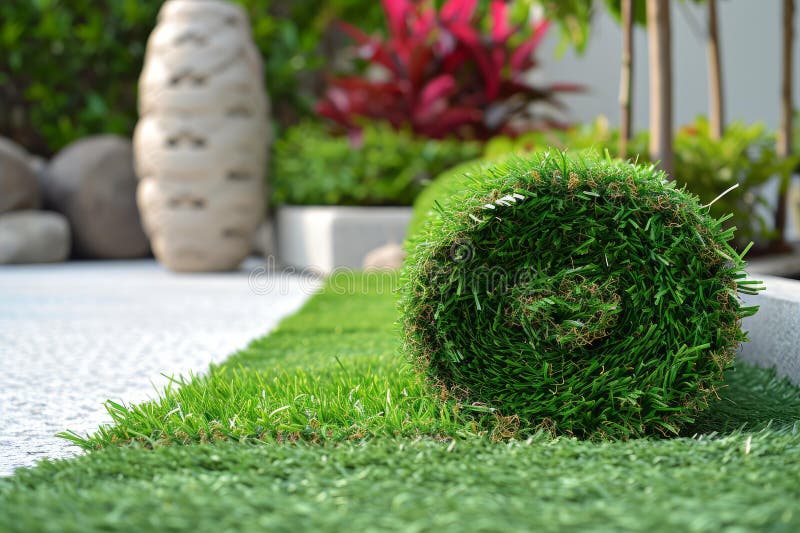 Rolled Artificial Grass Installation in Garden Stock Image - Image of ...