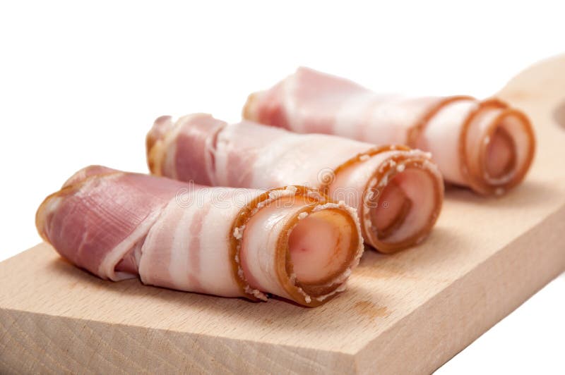 Rolled Bacon Slice Wooden Board Delicious Stock Image - Image of ...